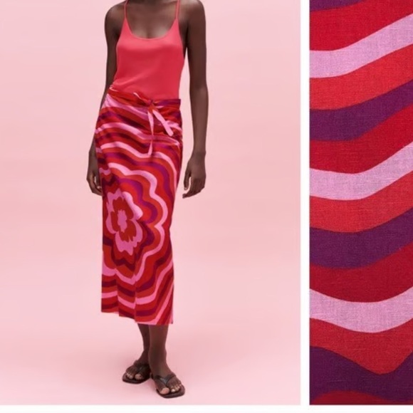 Zara | Skirts | Zara Red And Purple Wave Pattern Midi Skirt | Poshmark